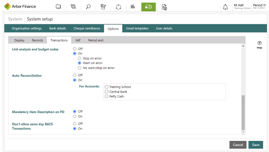 System setup: Options – Arbor Finance