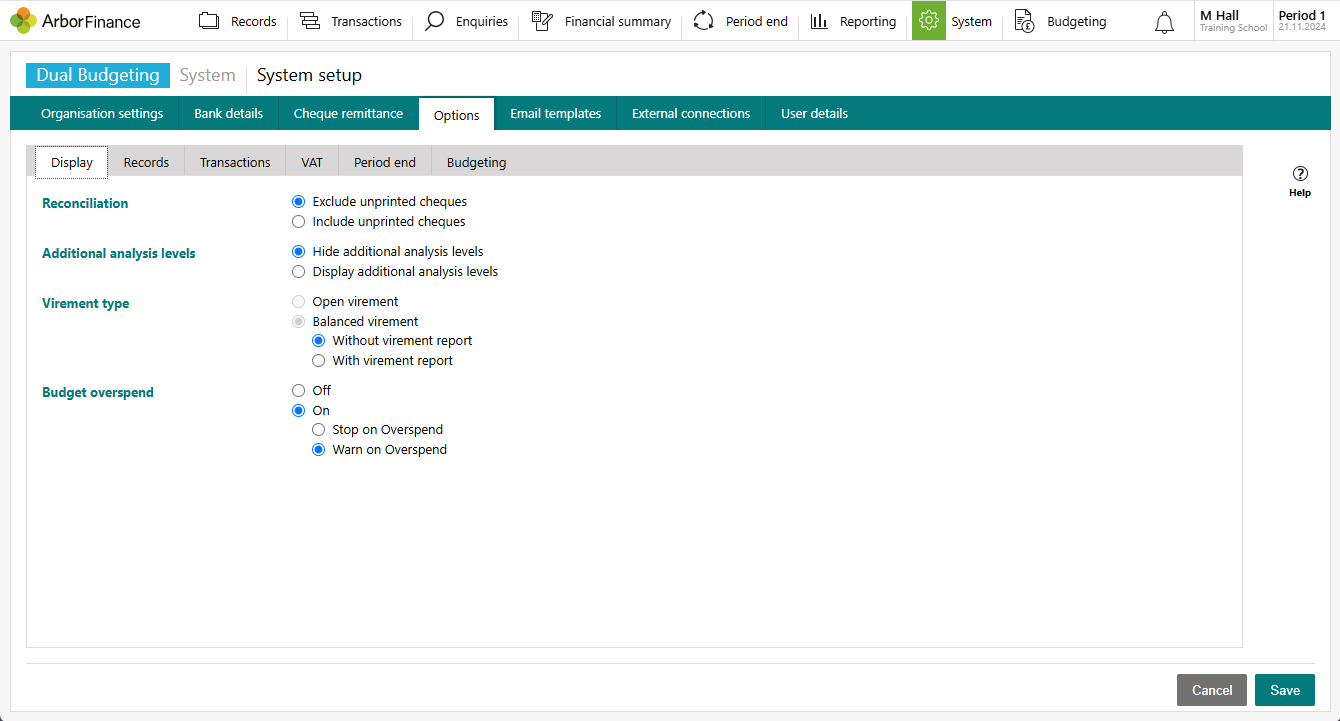 System setup: Options – Arbor Finance