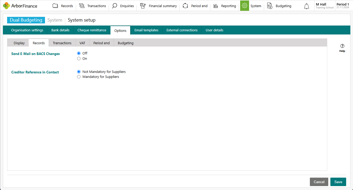 System setup: Options – Arbor Finance